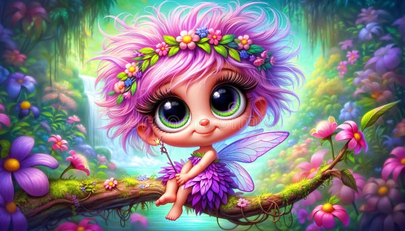 Happy Colored Fairy Sitting on a Tree Trunk, with Magic Wand Stock ...