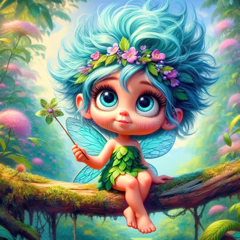 Happy Colored Fairy Sitting on a Tree Trunk, with Magic Wand Stock ...