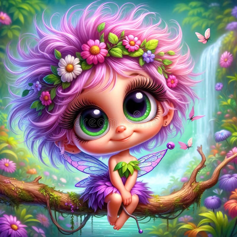 Happy Colored Fairy Sitting on a Tree Trunk, with Magic Wand Stock ...