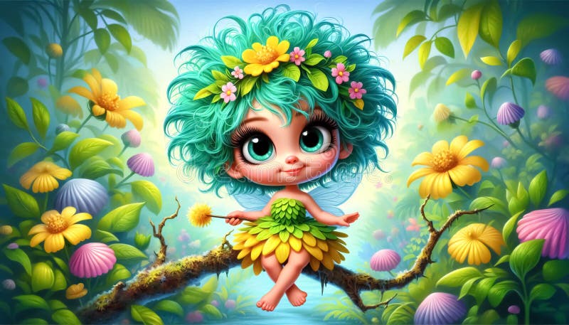 Happy Colored Fairy Sitting on a Tree Trunk, with Magic Wand Stock ...