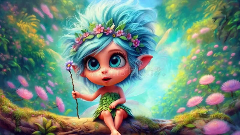 Happy Colored Fairy Sitting on a Tree Trunk, with Magic Wand Stock ...