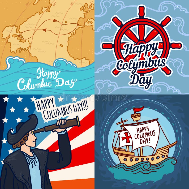 Happy Columbus Day Banner Set, Hand Drawn Style Stock Vector ...