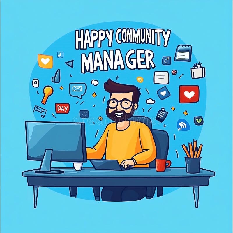 Happy Community Manager Illustration with Digital Tools and Workspace Stock Photo - Image of ...
