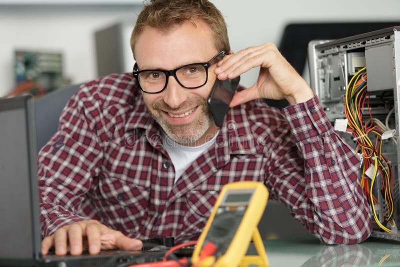 Happy Computer Engineer Repairing Broken Desktop Stock Image - Image of ...