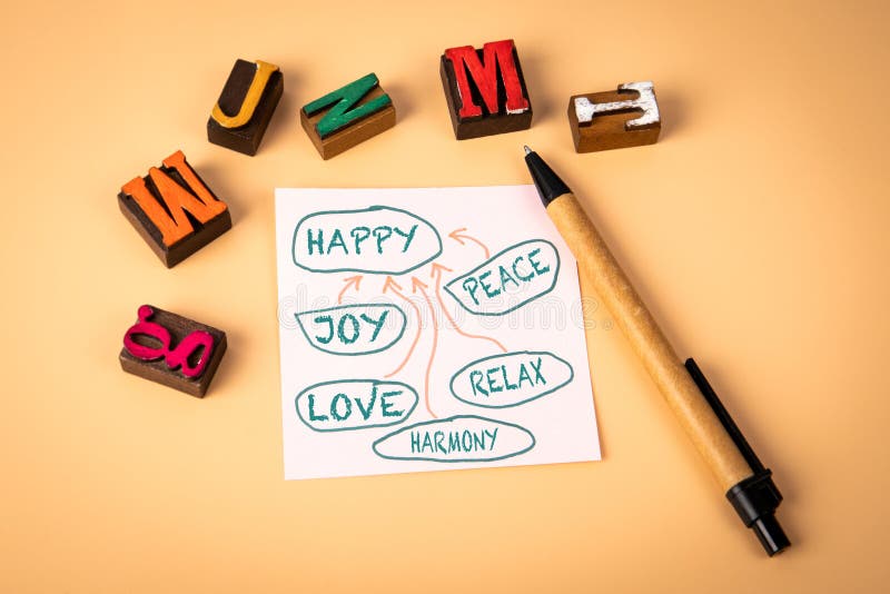 HAPPY Concept. Notepad and Wooden Alphabet Letters on a Light ...