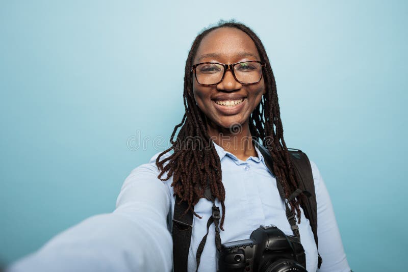 Happy Confident African American Young Adult Woman Taking Selfie Photo