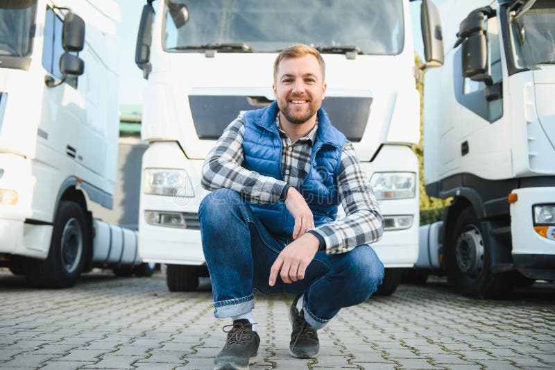 Happy Confident Male Driver in Front on His Truck Stock Image - Image ...