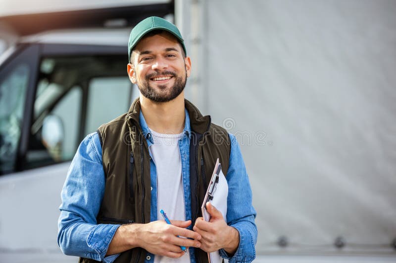 Confident Male Driver Standing in Front on His Truck Stock Image ...