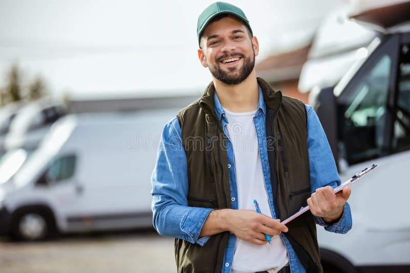 Confident Male Driver Standing in Front on His Truck Stock Photo ...