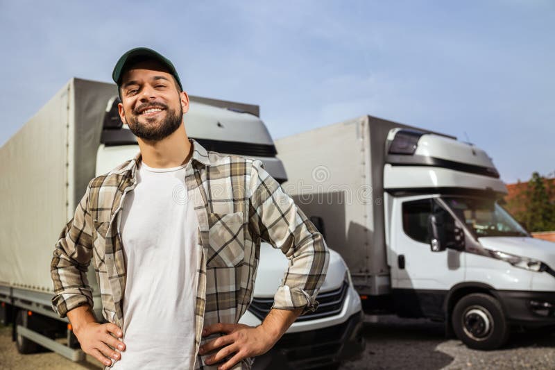 Confident Male Driver Standing in Front on His Truck Stock Photo ...