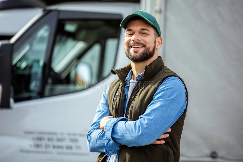 Happy Male Driver Standing in Front on His Truck Stock Image - Image of ...