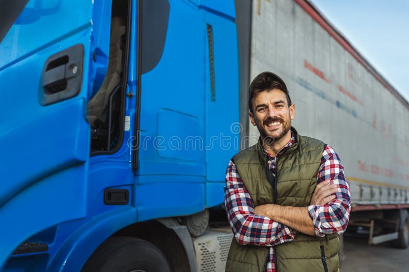 Confident Male Driver Standing in Front on His Truck Stock Image ...