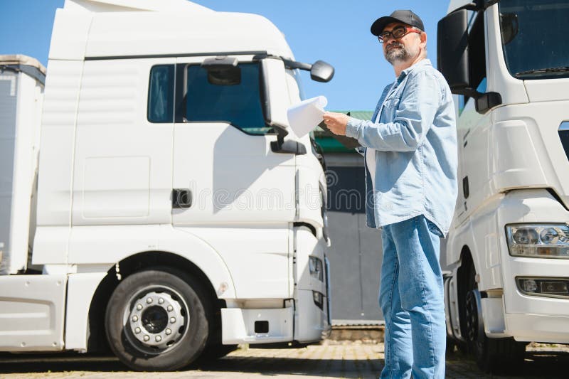 Happy Confident Male Driver Standing in Front on His Truck Stock Photo ...