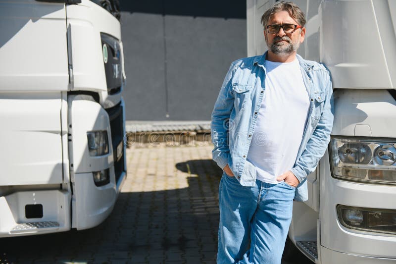 Happy Confident Male Driver Standing in Front on His Truck Stock Photo ...
