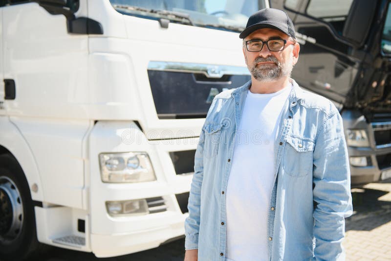 Happy Confident Male Driver Standing in Front on His Truck Stock Photo ...