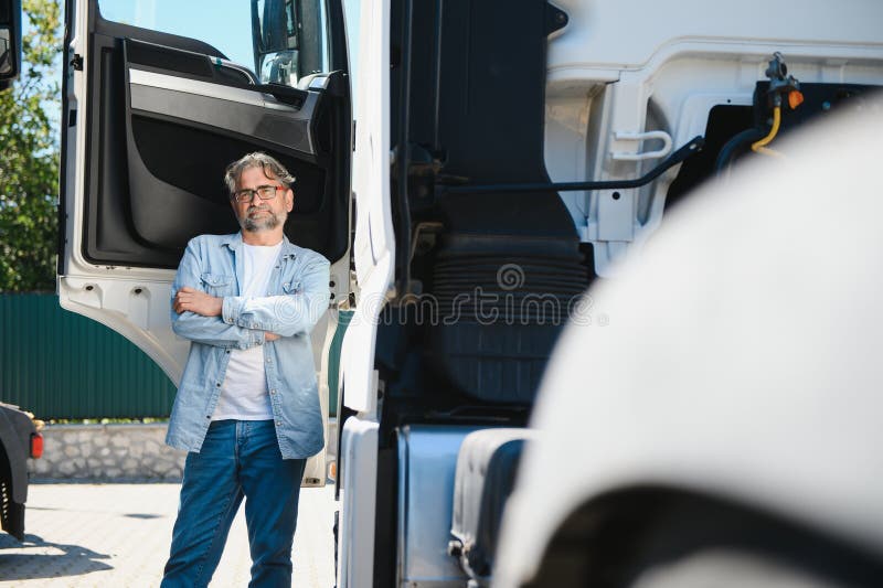 Happy Confident Male Driver Standing in Front on His Truck Stock Photo ...