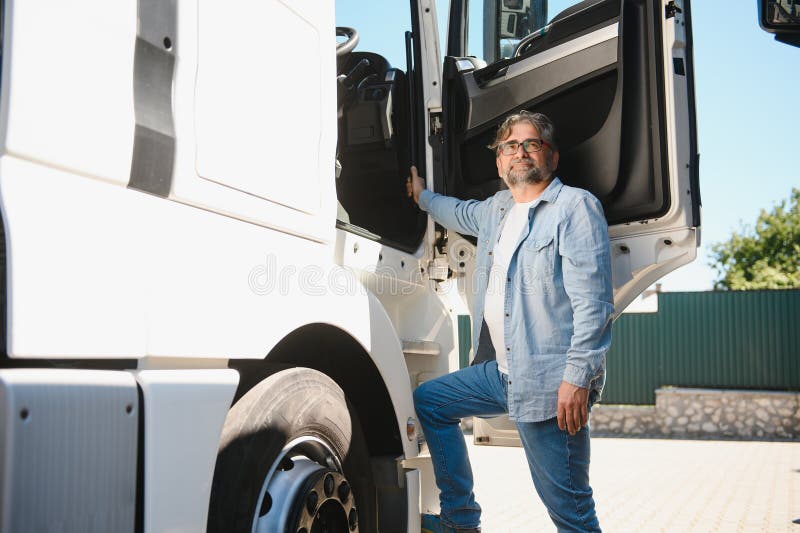 Happy Confident Male Driver Standing in Front on His Truck Stock Image ...