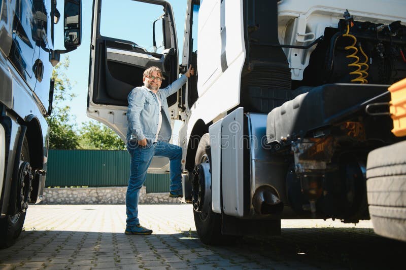 Happy Confident Male Driver Standing in Front on His Truck Stock Image ...