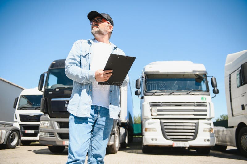 Happy Confident Male Driver Standing in Front on His Truck Stock Photo ...