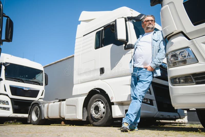 Happy Confident Male Driver Standing in Front on His Truck Stock Image ...