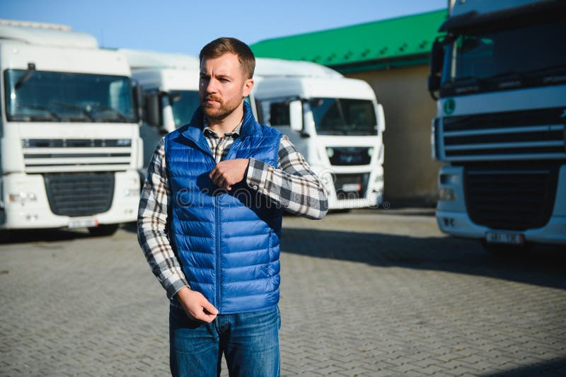 Happy Confident Male Driver Standing in Front on His Truck Stock Image ...