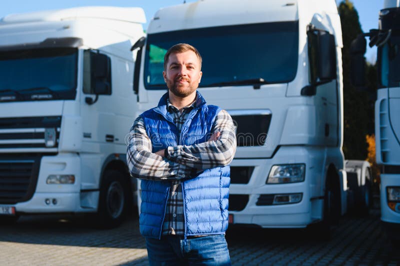 Happy Confident Male Driver Standing in Front on His Truck Stock Image ...