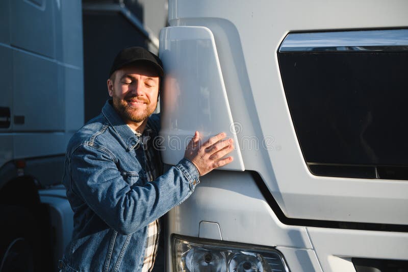 Happy Confident Male Driver Standing in Front on His Truck Stock Photo ...