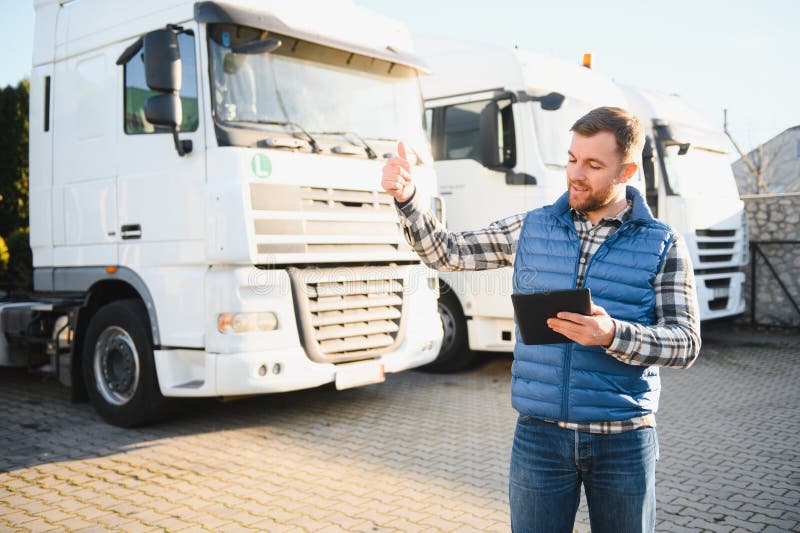 Happy Confident Male Driver Standing in Front on His Truck, Using His ...