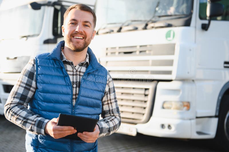 Happy Confident Male Driver Standing in Front on His Truck, Using His ...