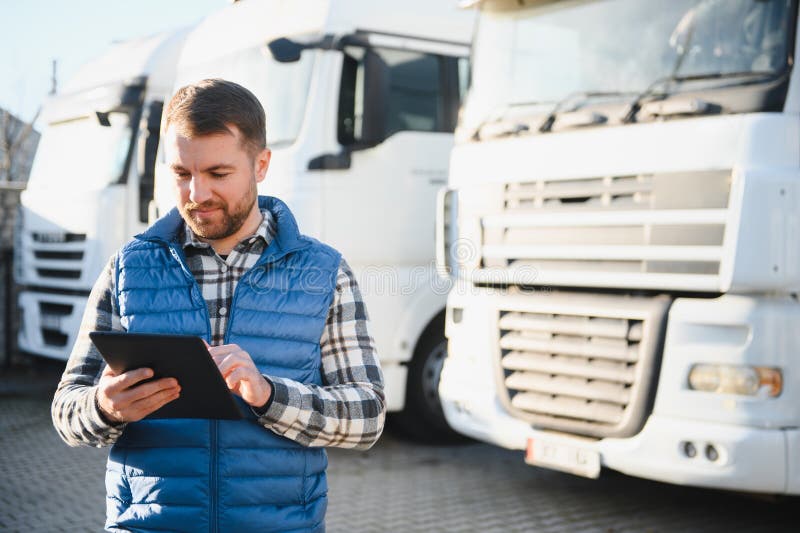 Happy Confident Male Driver Standing in Front on His Truck, Using His ...