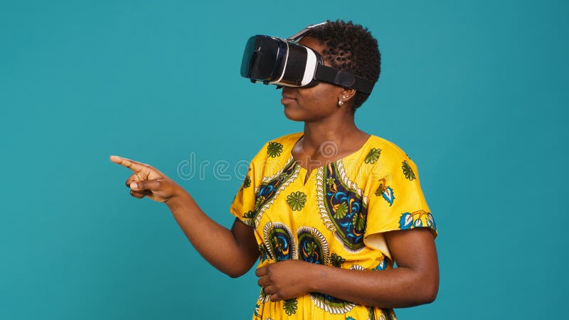 Happy Confident Woman Uses Vr Headset with 3d Visual Simulation Stock ...