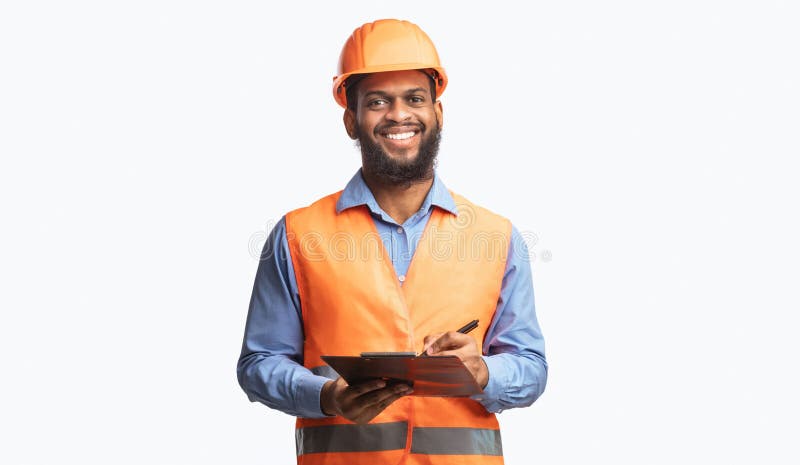 Happy Construction Worker Guy Taking Notes Holding Folder, Studio Shot ...