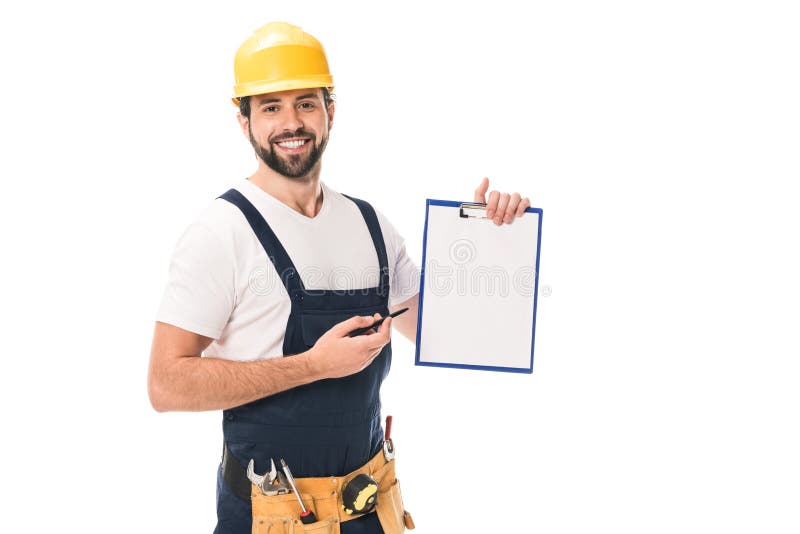 Happy Construction Worker in Hard Hat and Tool Belt Holding Blank ...