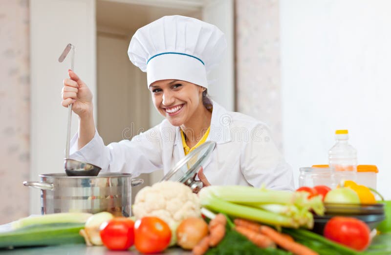 Happy Cook in White Uniform with Ladle Stock Image - Image of healthy ...