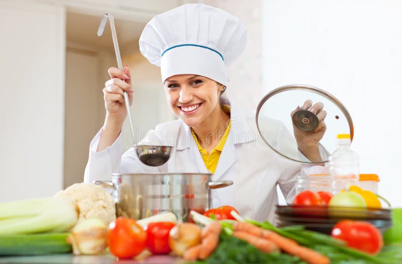 Happy Cook Works with Ladle Stock Image - Image of soup, prepares: 57873235