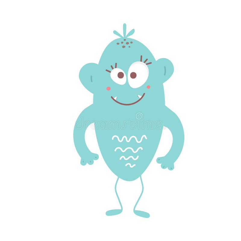 Happy Cool Cartoon Fat Monster. Blue and Horned Vector Monster ...