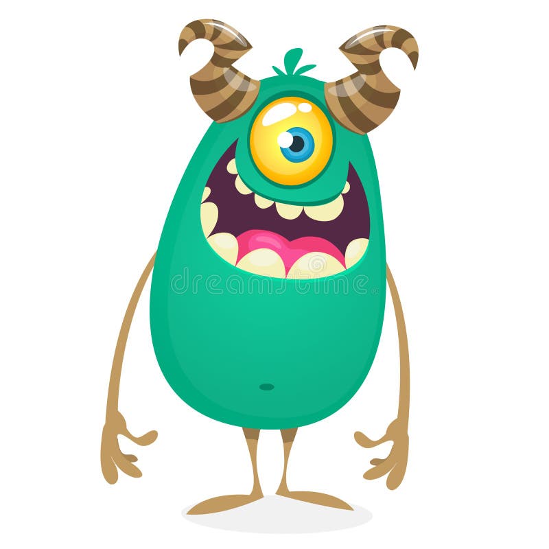 Happy Cool Cartoon Fat Monster. Horned Vector Monster Character. Stock ...