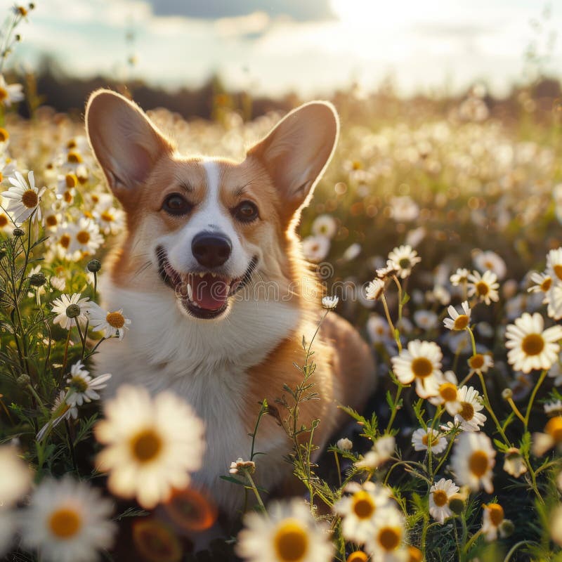 Happy Corgi Dog in a Field of Daisies Stock Illustration - Illustration ...