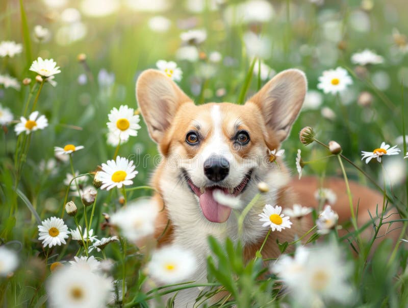 Happy Corgi Dog in a Field of Daisies Stock Illustration - Illustration ...