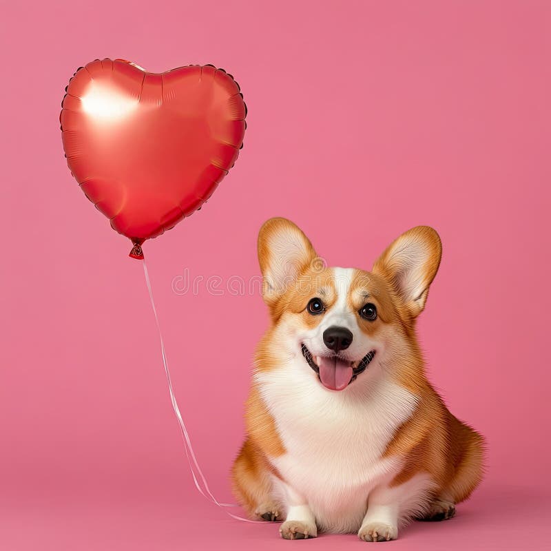 Happy Corgi Dog with Heart Balloon Stock Photo - Image of cheerful ...