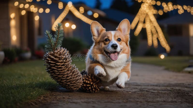 Joyful Corgi Running through Christmas Lights at Night Stock ...