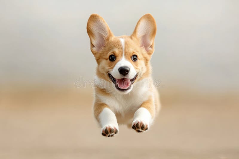 Happy Corgi Dog Jumping in the Air with a Joyful Expression Stock Photo ...