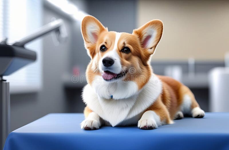 Happy Corgi Dog Lie on a Table in the Veterinary Office Stock Image ...