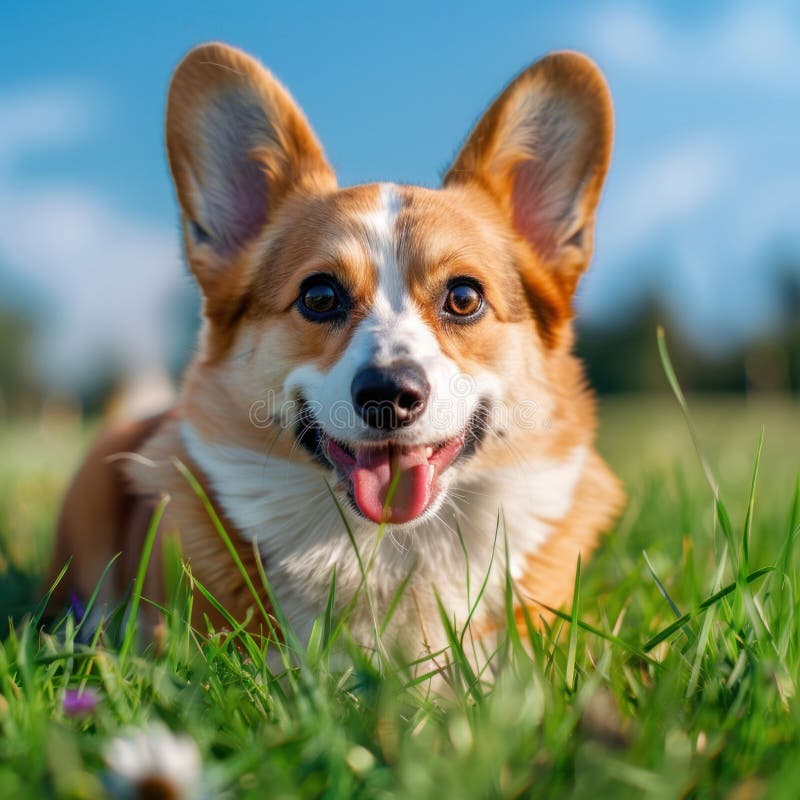 Happy Corgi Dog Lying on Grass. Generative Ai Stock Illustration ...