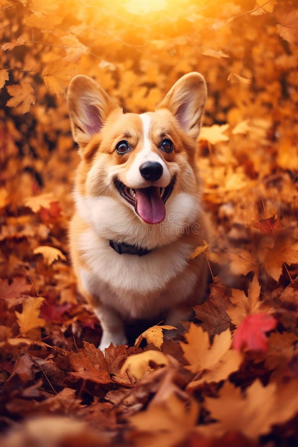An Happy Corgi in a Forest on Autumn, Leaf Around, Realistic Photo ...