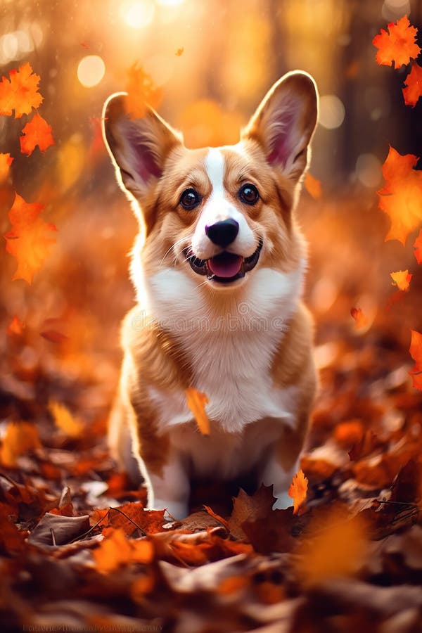 An Happy Corgi in a Forest on Autumn, Leaf Around, Realistic Photo ...