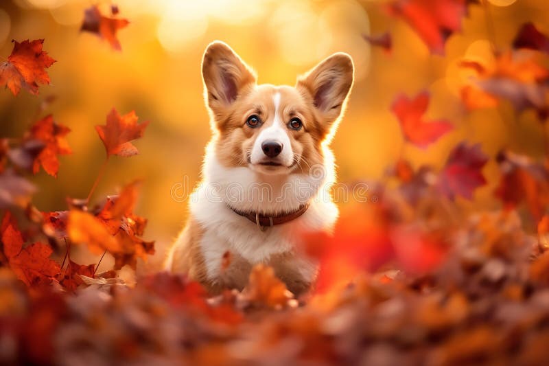 An Happy Corgi in a Forest on Autumn, Leaf Around, Realistic Photo ...