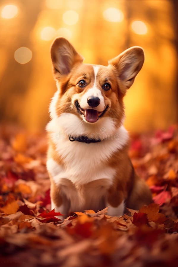 An Happy Corgi in a Forest on Autumn, Leaf Around, Realistic Photo ...