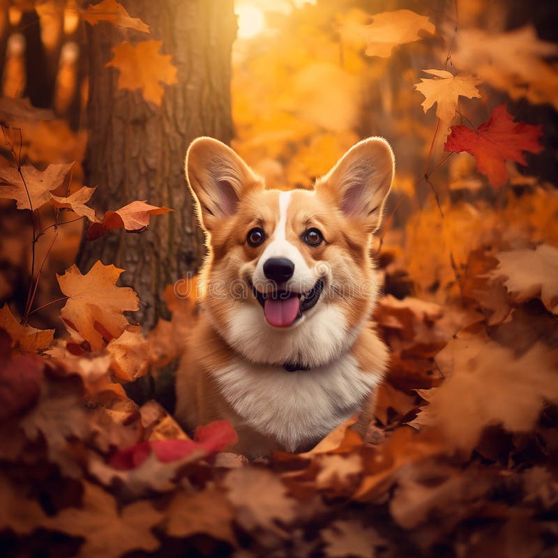 An Happy Corgi in a Forest on Autumn, Leaf Around, Realistic Photo ...