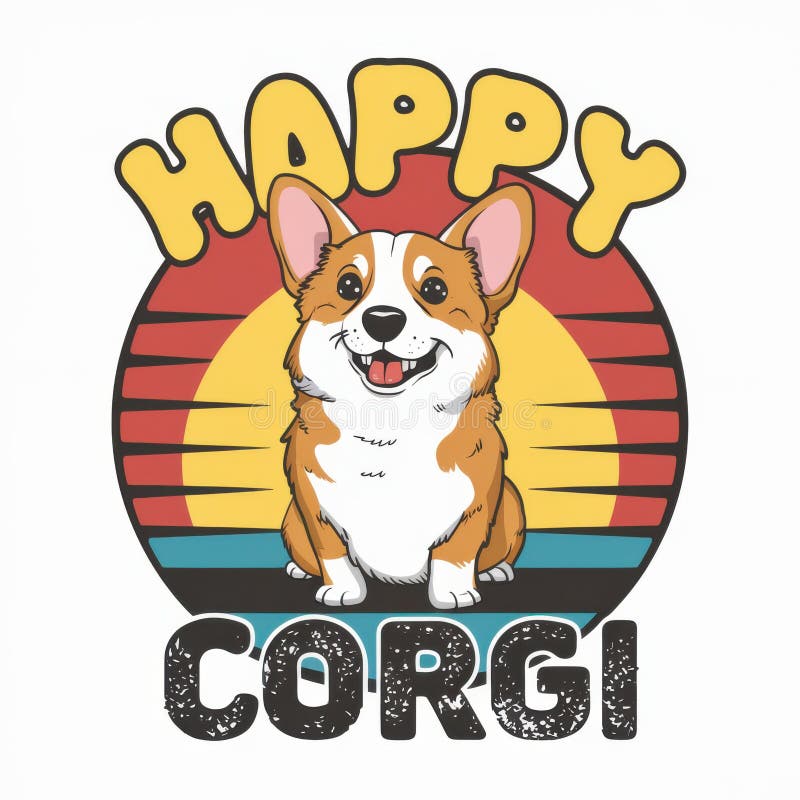 Happy Corgi Illustration with Retro Sunset Background and Text Design ...
